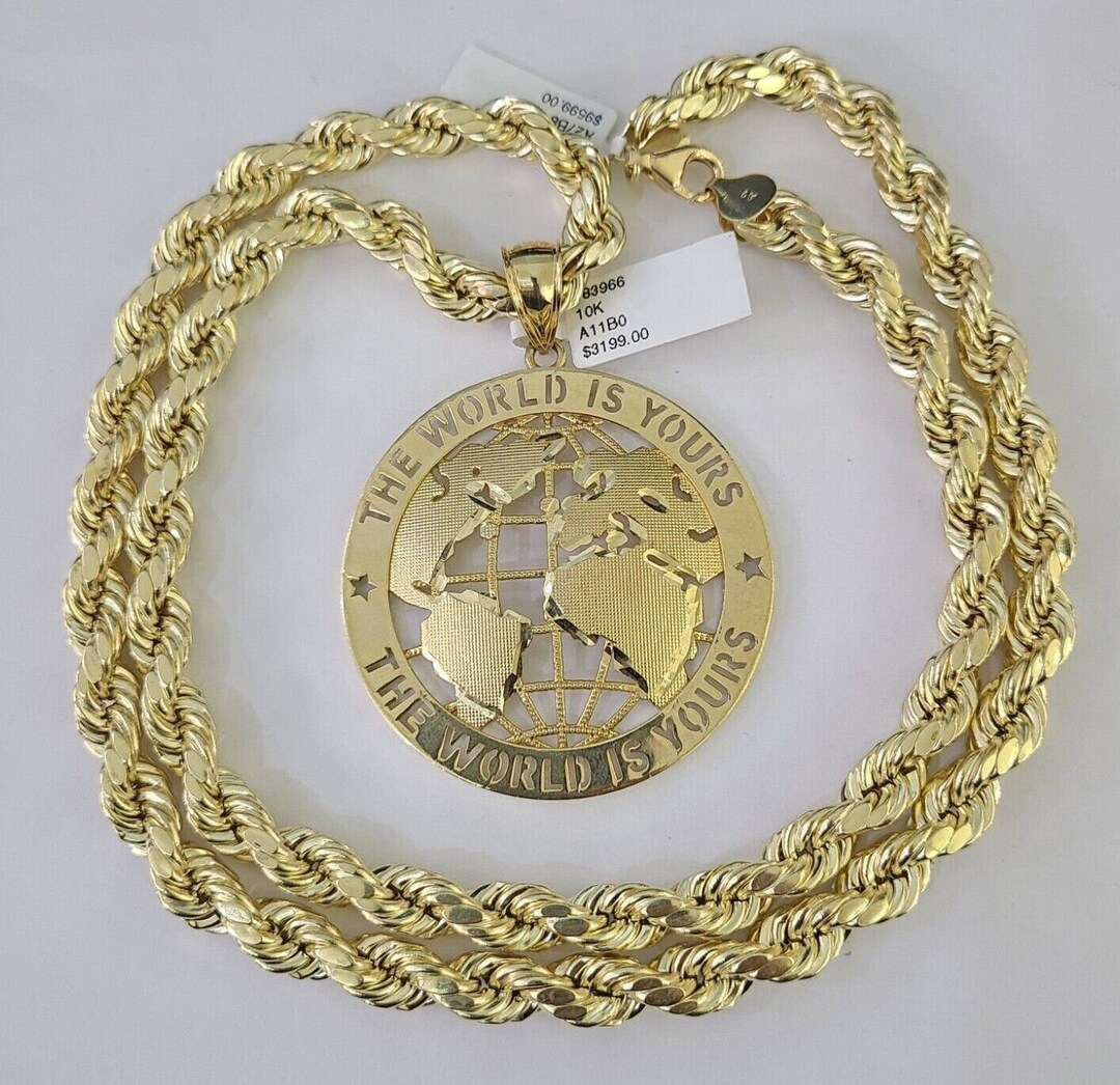 Real 10k Gold Rope Chain World is Yours Charm Pendant Set Necklace 8mm ...