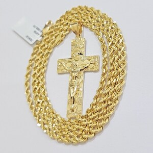 10k Gold Rope Chain Nugget Cross Charm Pendant Set 18-28 Inch 3mm ...