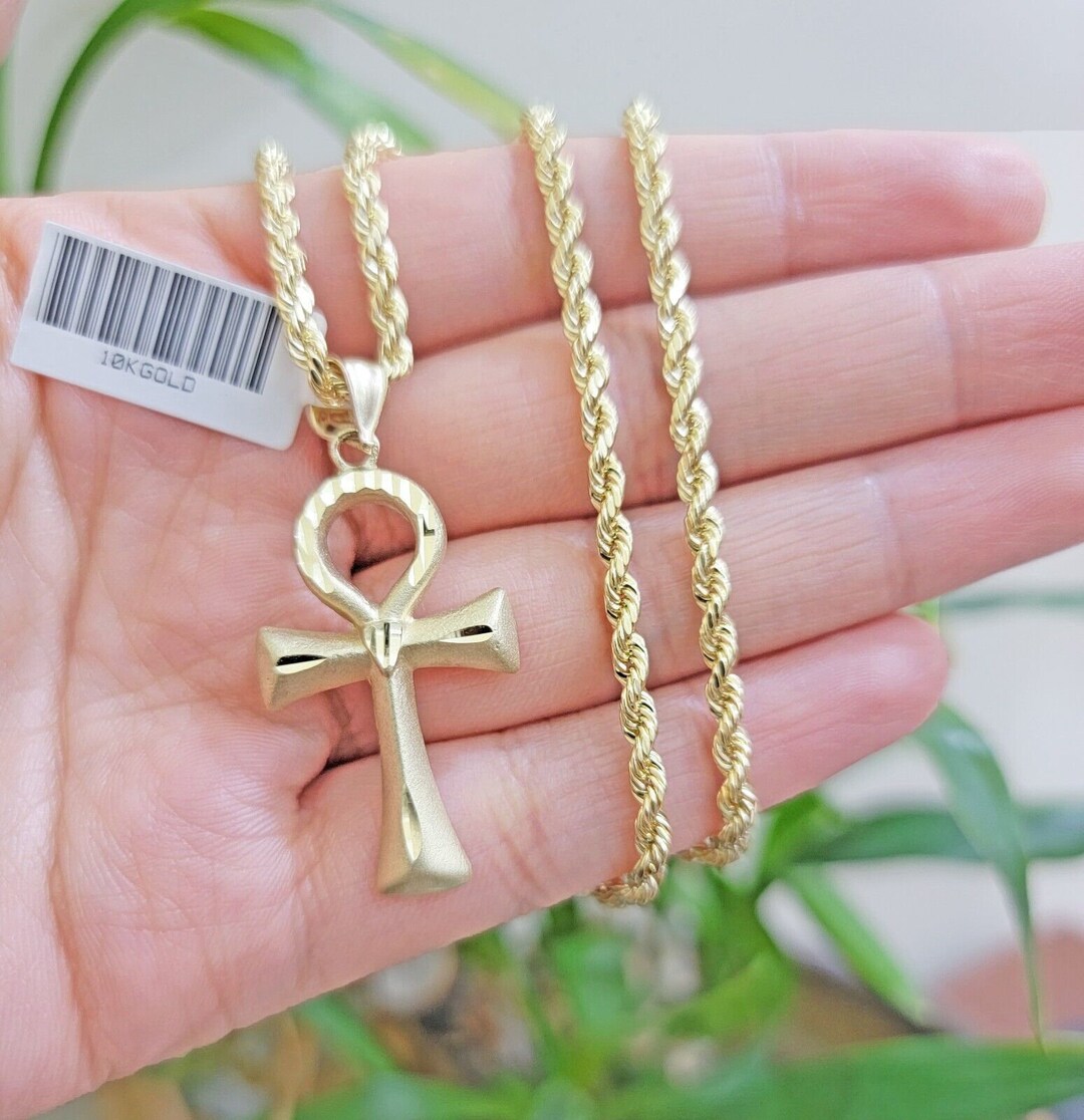 10k Gold Rope Chain Ankh Cross Charm Pendant Set 18"-28" Inch 3mm ...