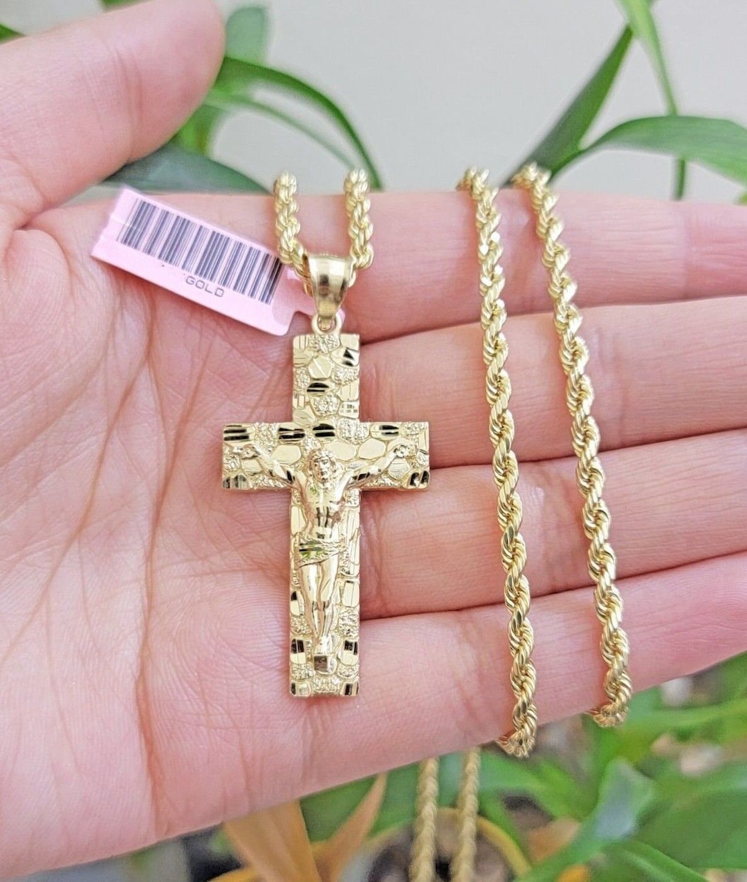 10k Gold Rope Chain Nugget Cross Charm Pendant Set 18-28 Inch 3mm ...