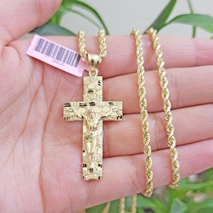 10k Gold Rope Chain Nugget Cross Charm Pendant Set 18-28 Inch 3mm ...