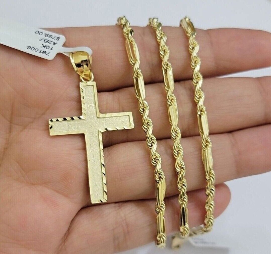10k Gold Milano Rope Chain Plain Cross Charm Pendant Set 18-24'' Inches ...