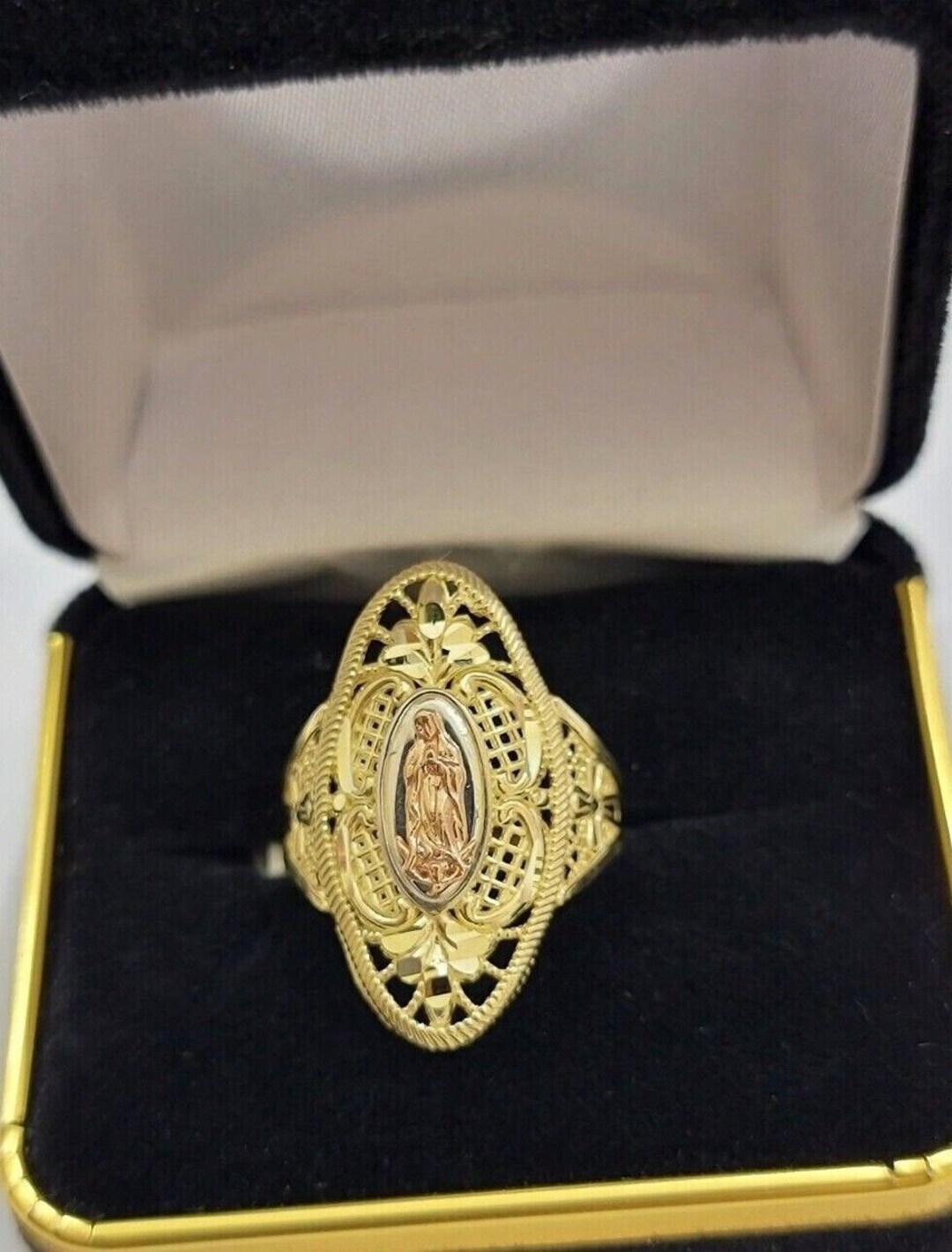 Ladies Ring 10k Yellow Gold Virgin Mary Cross 10kt Real Gold Unique ...