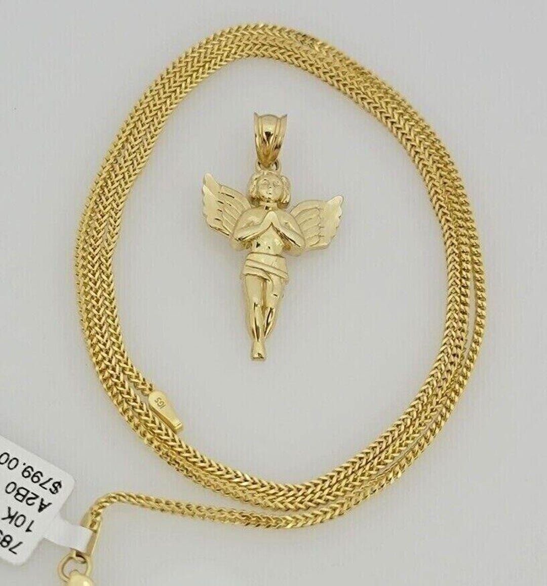 10k Gold Franco Chain Praying Angel Charm Pendant 1.5mm 16-24 Inch ...