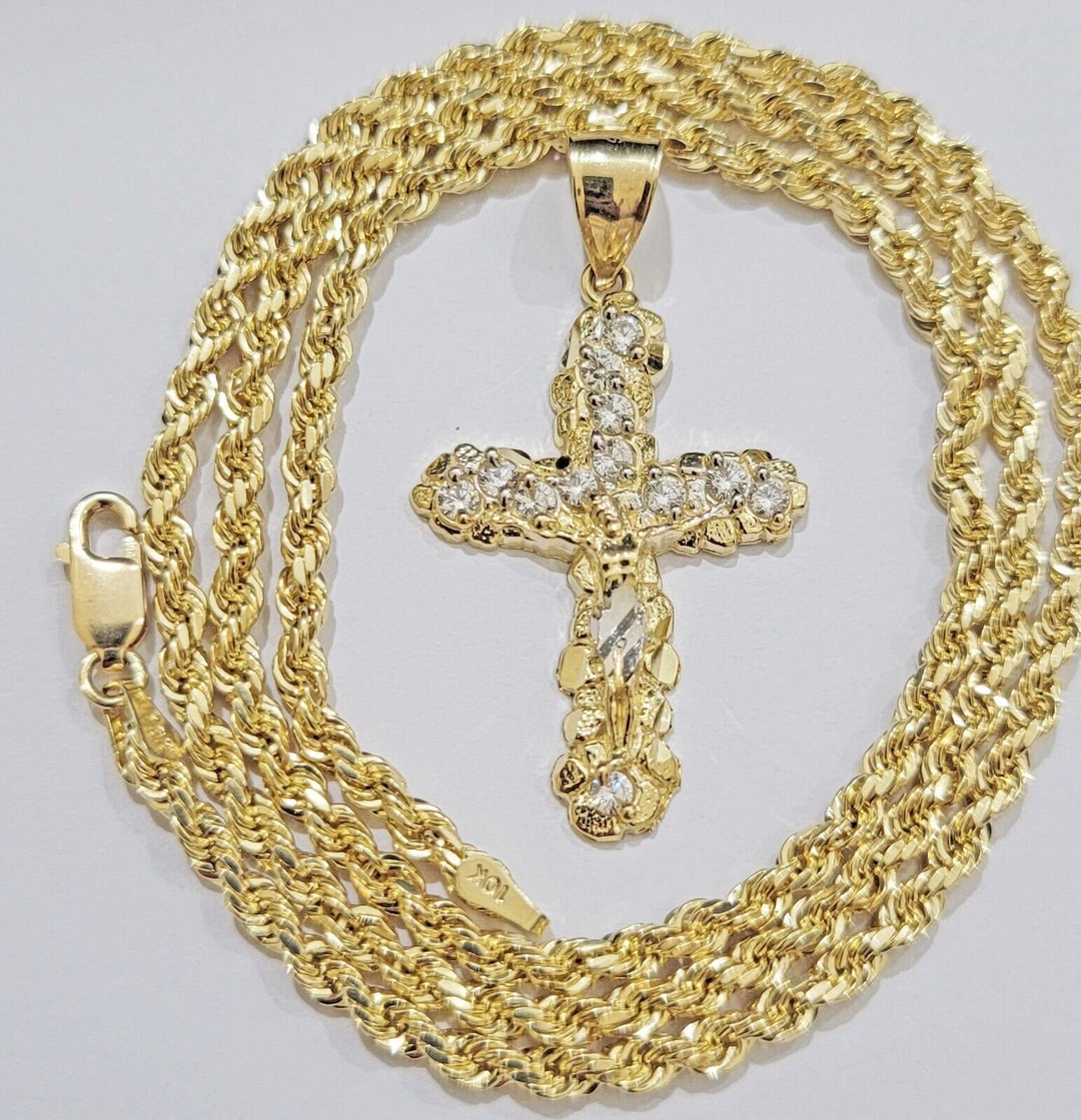 10k Gold Rope Chain Jesus Cross Charm Pendant Set 18-28" Inch 4mm ...