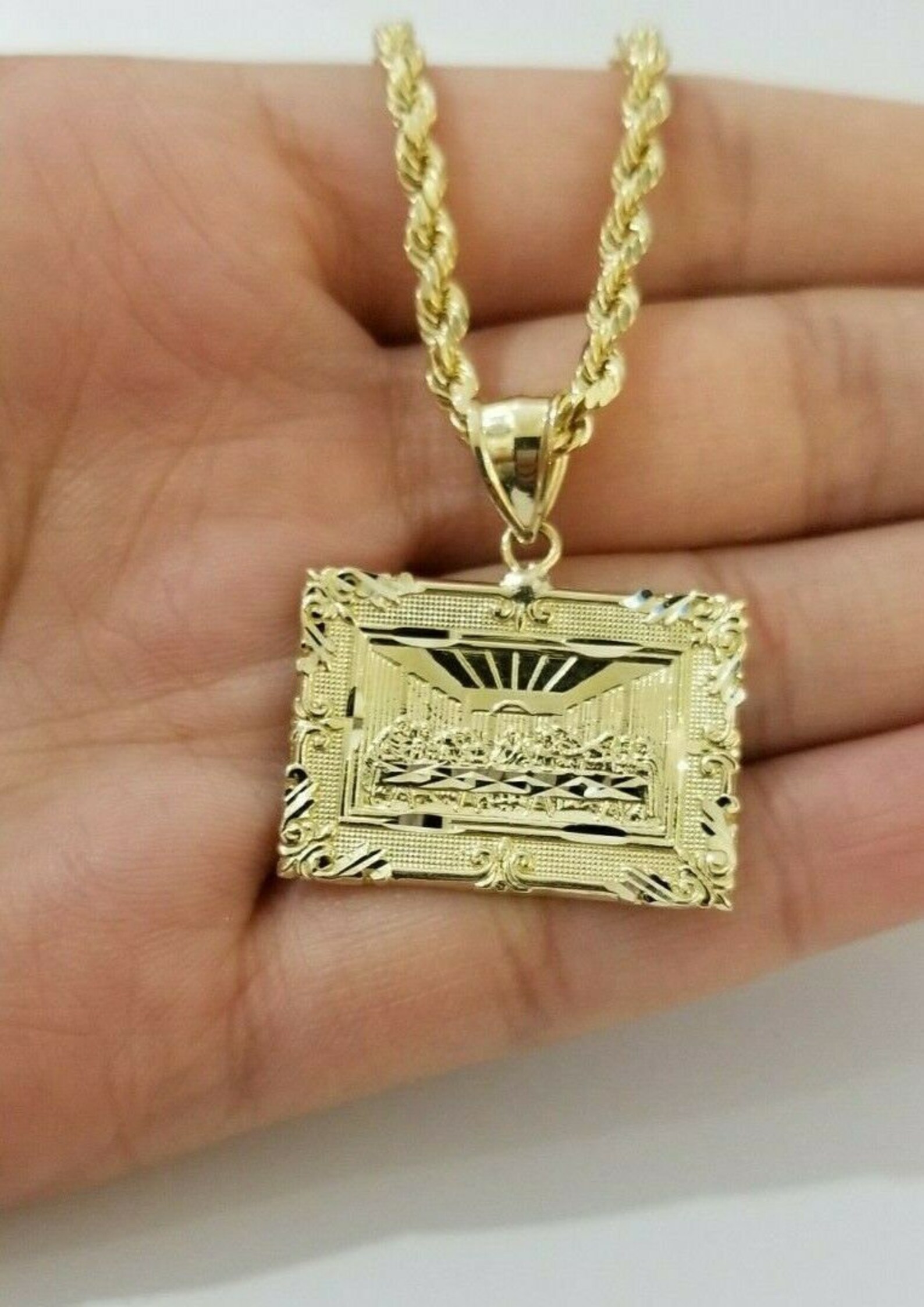 Real 10K Yellow Gold Rope Chain Last Supper Charm Pendant Set - Etsy
