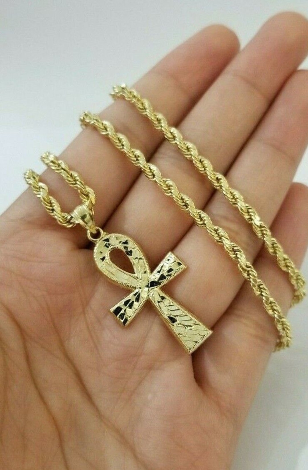 Real 10k Yellow Gold Rope Chain Ankh Cross Charm Pendant 3mm Necklace ...