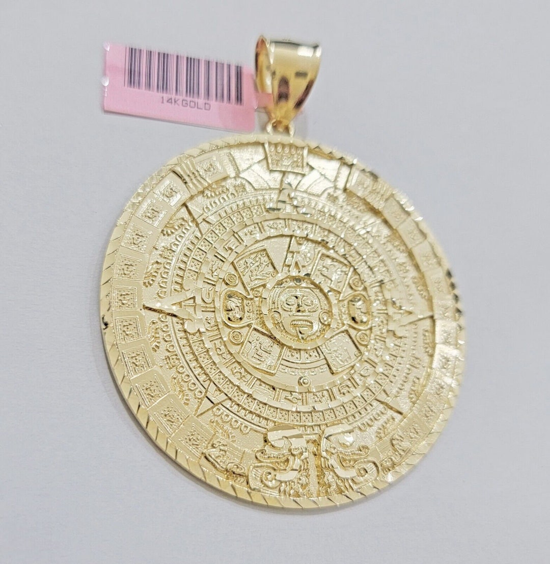 Solid Real 14k Gold Charm Pendant Aztec Mayan Calendar 2" Men's Round ...