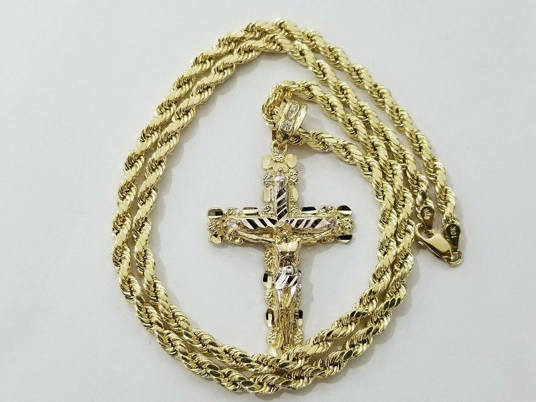 10k Yellow Gold Rope Chain and Nugget Cross Charm Pendant Set Real 10kt ...