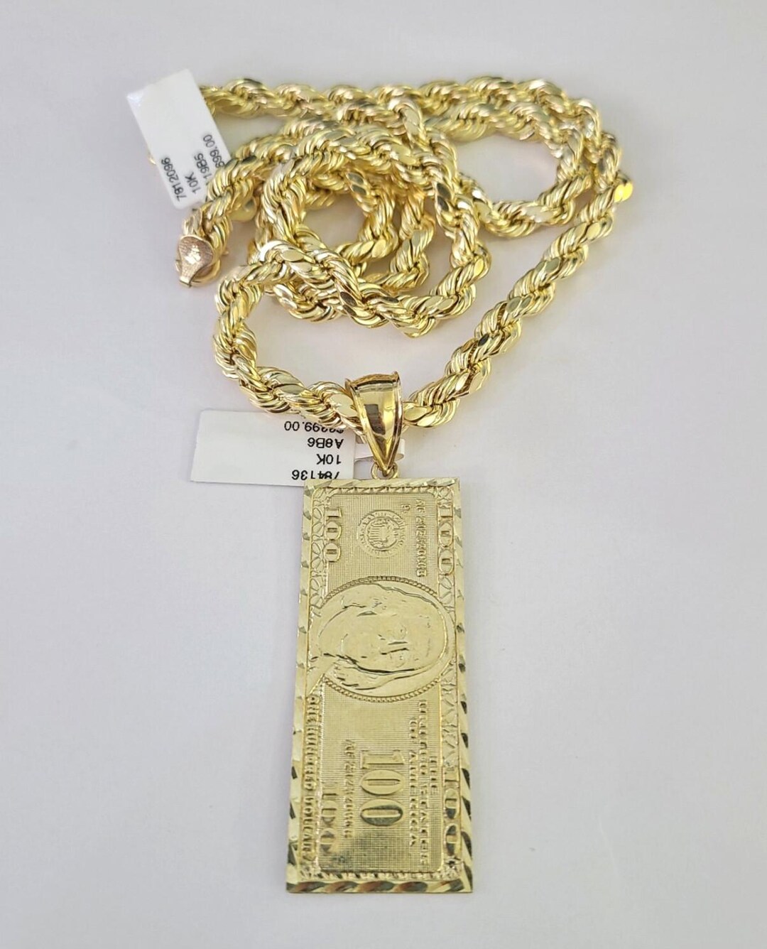 10k Rope Chain 100 Dollar Bill Charm Pendant Gold 18"-30'' Inch 7mm ...