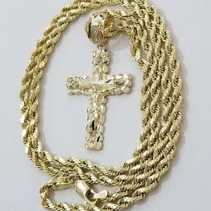 Real 10k Gold Rope Chain Necklace Jesus Cross Charm Pendant Set 16-28 ...