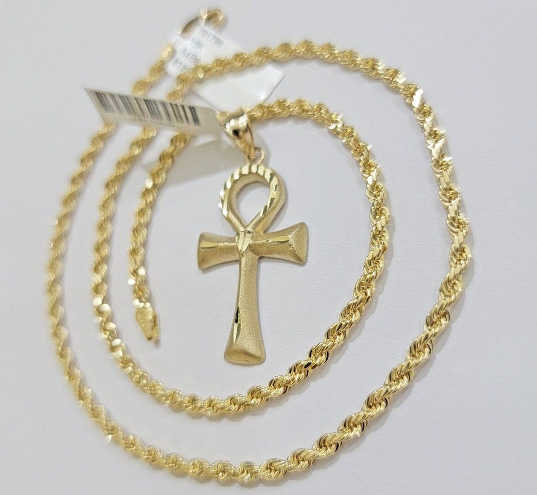 10k Gold Rope Chain Ankh Cross Charm Pendant Set 18" Inch 3mm Necklace ...