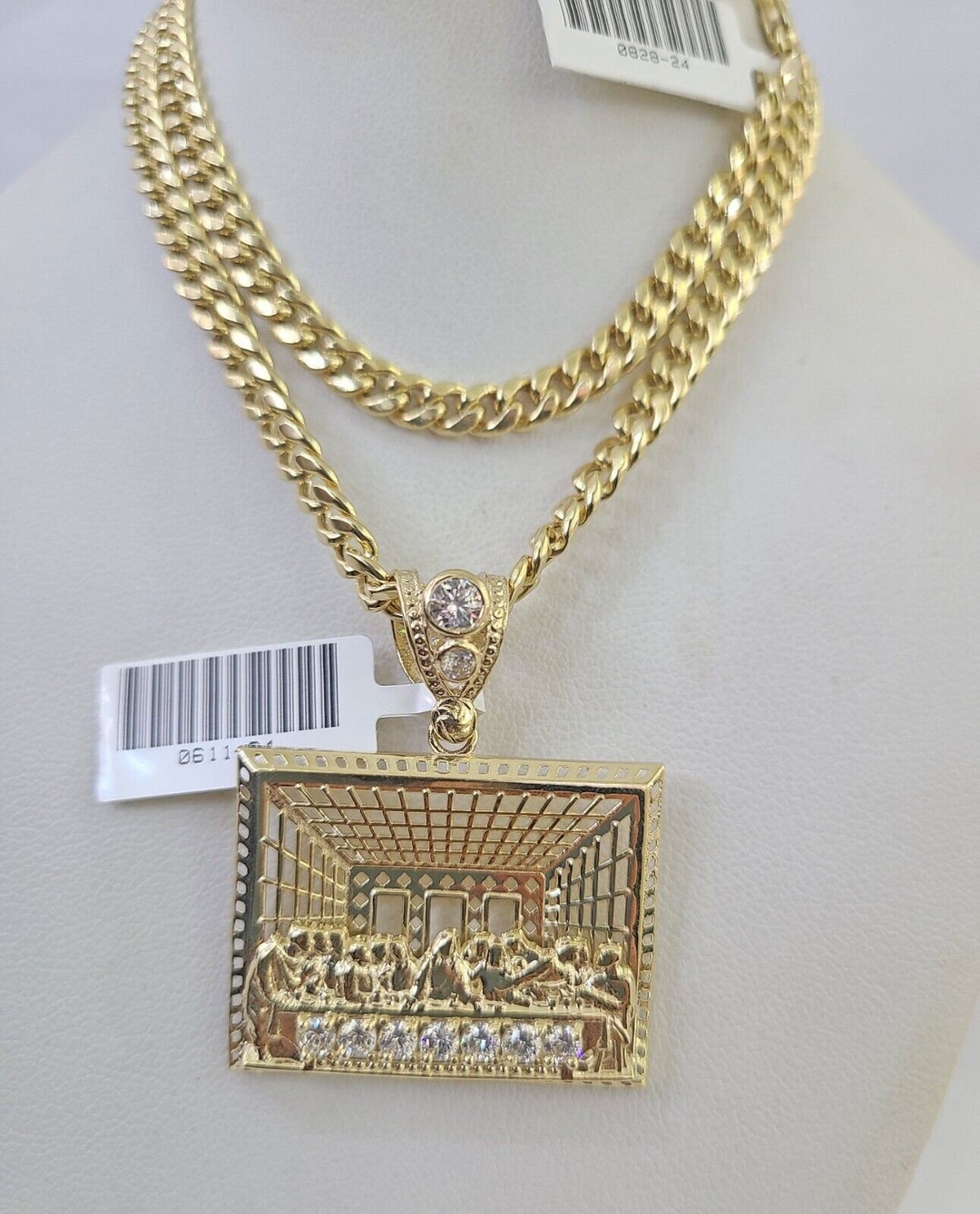 10k Gold Chain Last Supper Pendant Set Miami Cuban Link Necklace 5mm 20 ...