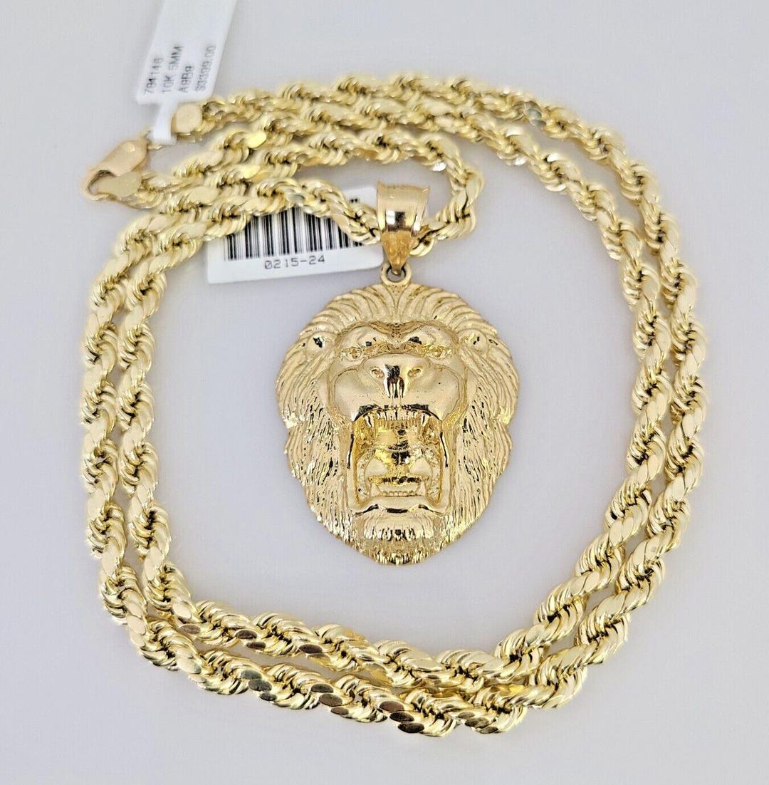 10kt Gold Rope Chain Roaring Lion Pendant Charm Set 18"-30'' Inch 5mm ...