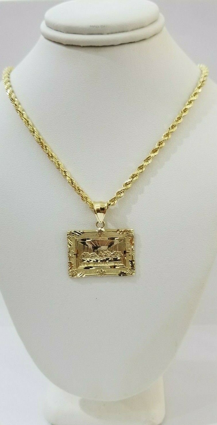 Real 10K Yellow Gold Rope Chain Last Supper Charm Pendant Set - Etsy