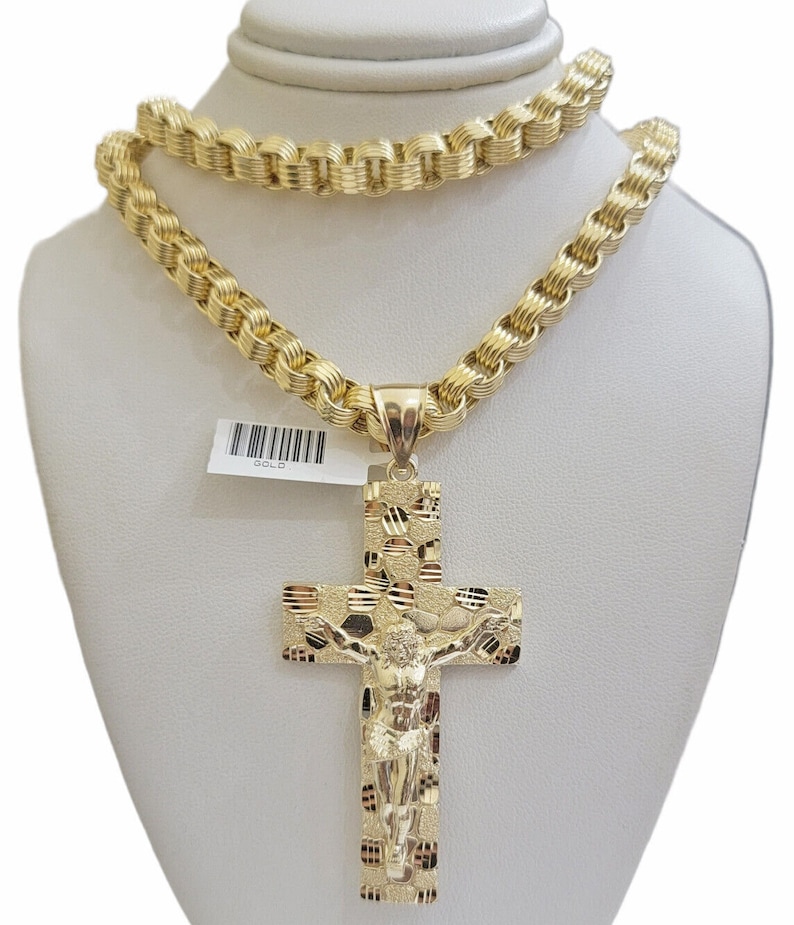 Real 10k Yellow Gold Byzantine Chain Nugget Cross Charm Pendant ...