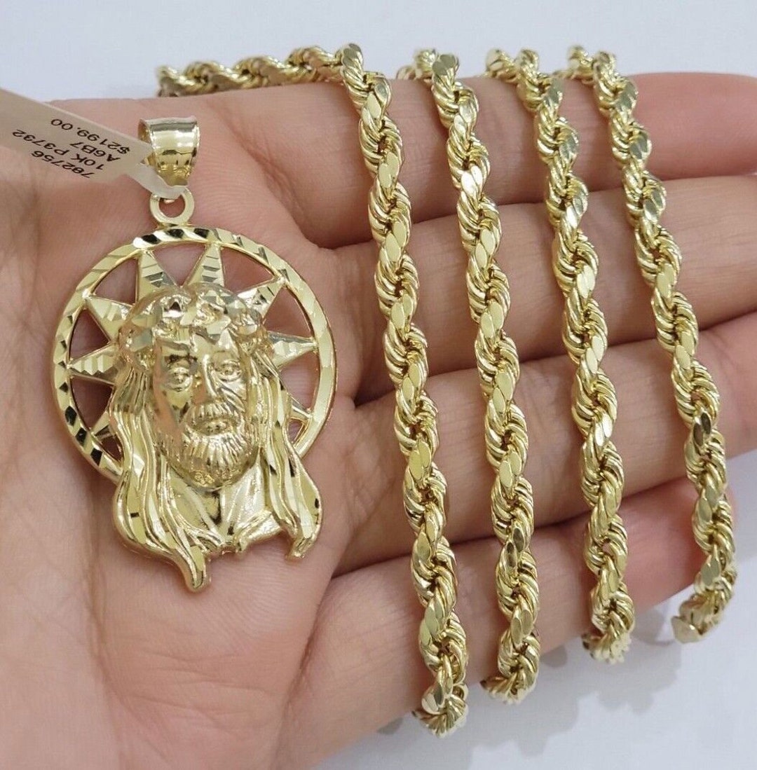 10kt Gold Rope Chain Jesus Head Charm Pendant Set 18-30'' Inch 5mm ...