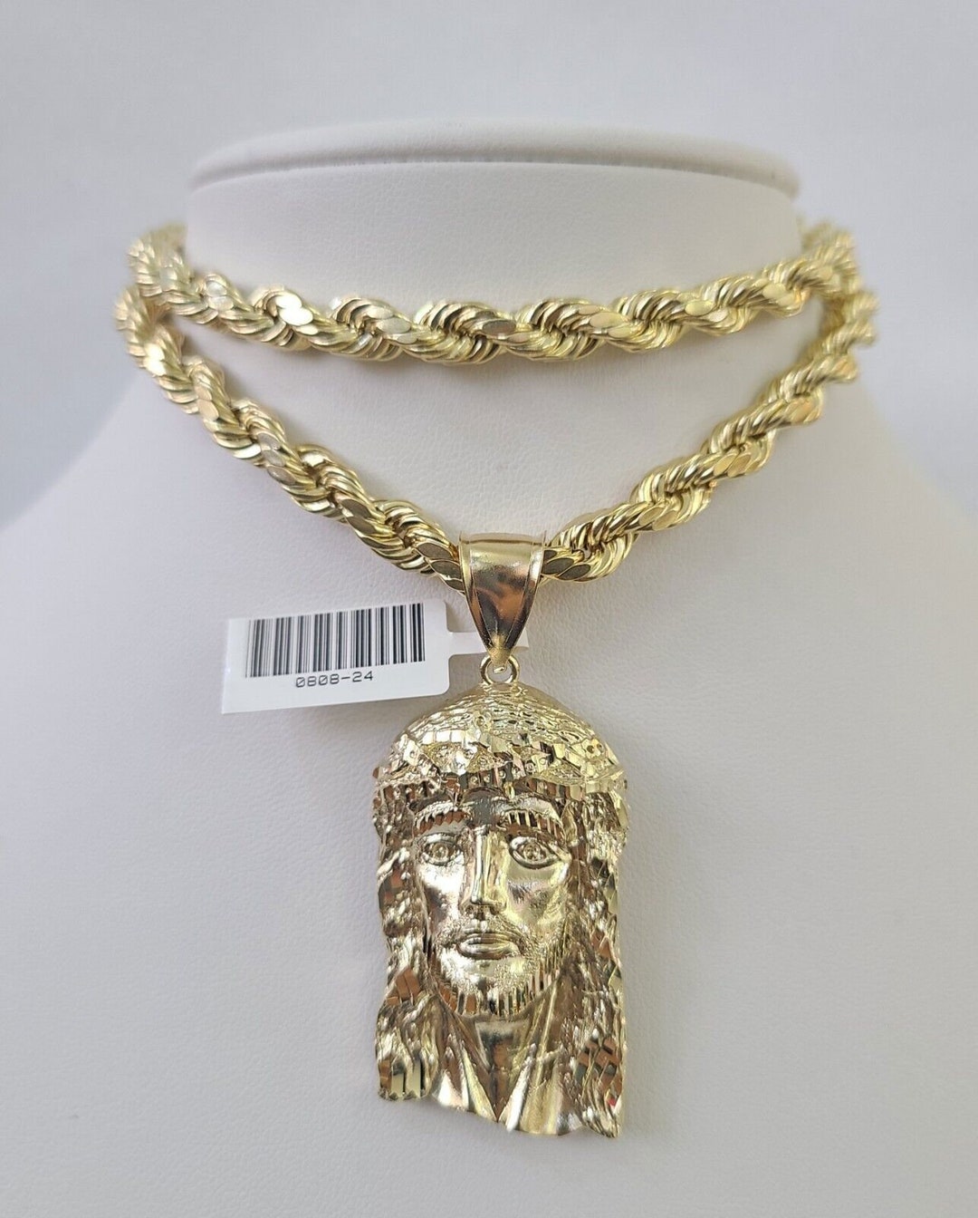 10k Yellow Gold Rope Chain Jesus Head Charm Pendant 18-30'' Inch 7mm ...