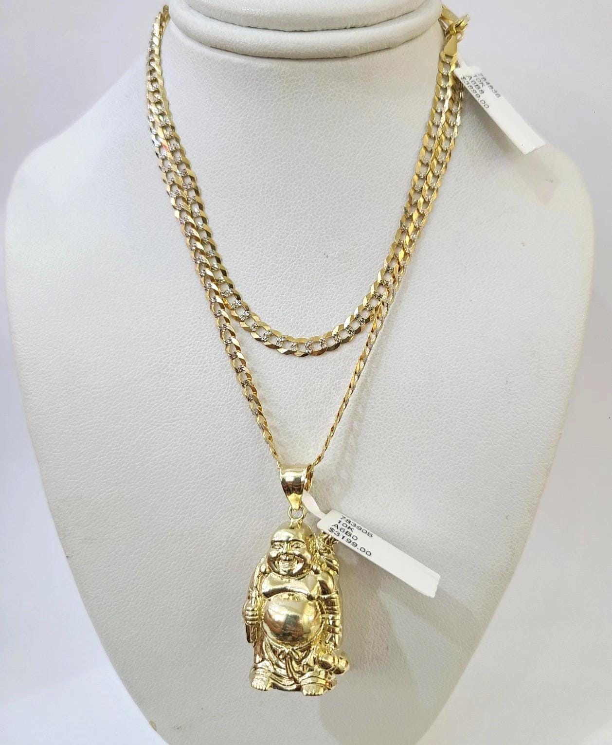 10k Gold Solid Cuban Curb Chain Laughing Buddha Pendant Charm 3mm ...