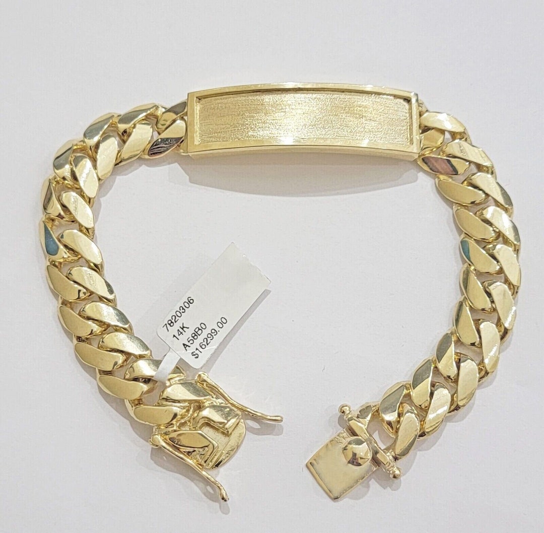 14k Yellow Gold Id Bracelet Miami Cuban Solid Link 10mm Name Plate 9 ...