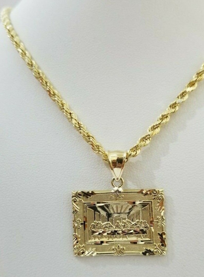 Real 10k Yellow Gold Rope Chain Last Supper Charm Pendant Set - Etsy