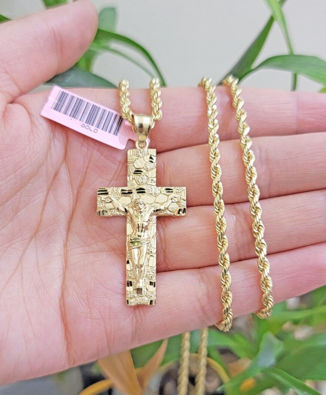 10k Yellow Gold Rope Chain Nugget Cross Charm Set 22 Inch Necklace ...