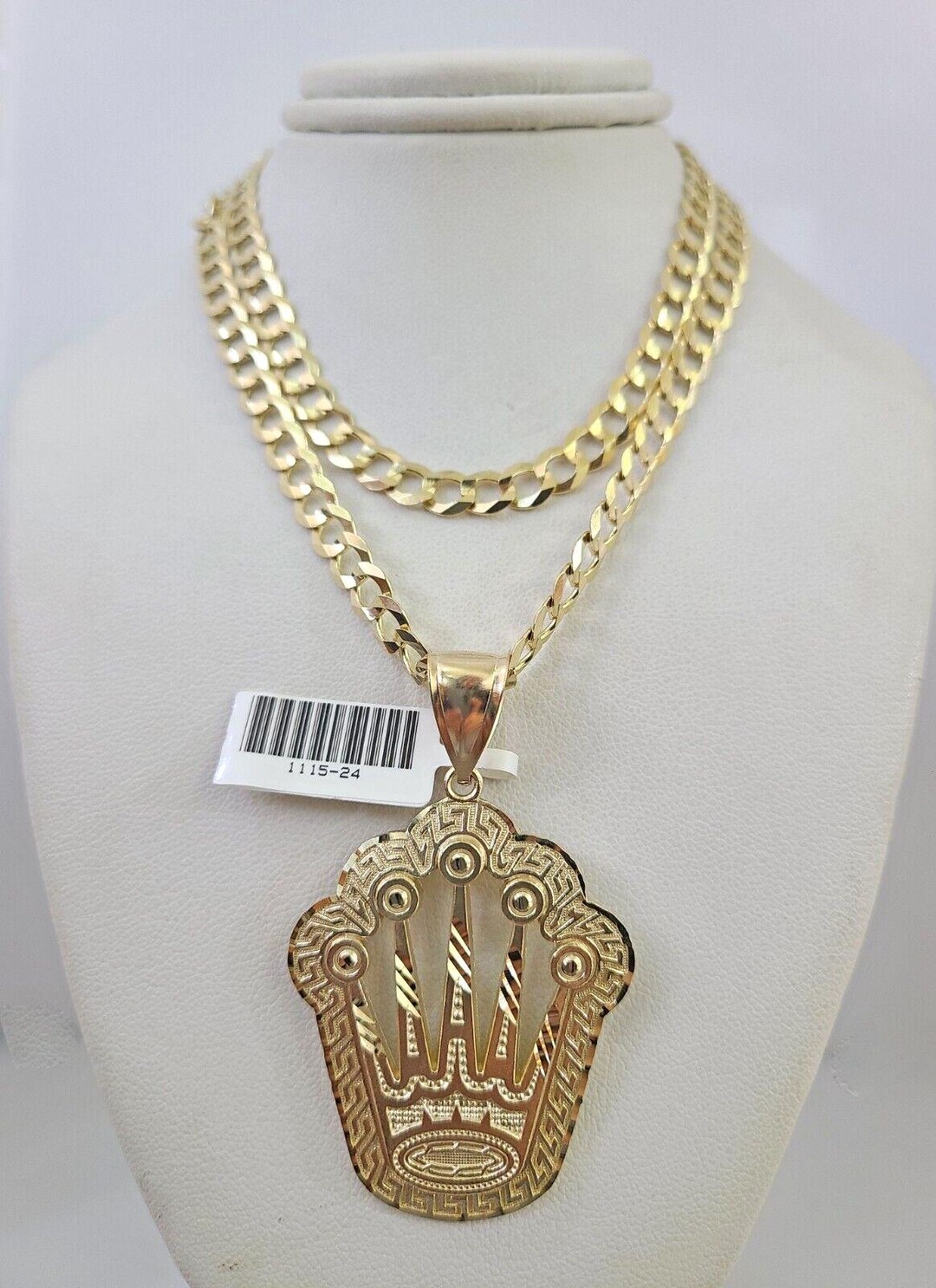10k Gold Solid Cuban Curb Chain Necklace Crown Pendant Set 6mm 20"-30 ...