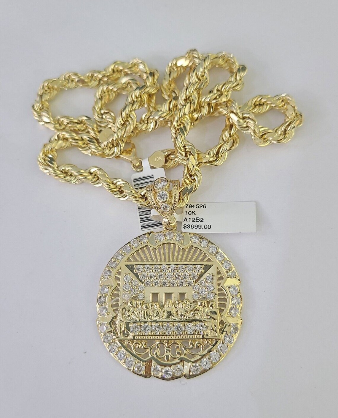 10k Yellow Gold Rope Chain Last Supper Charm Pendant 18-30'' Inch 7mm ...