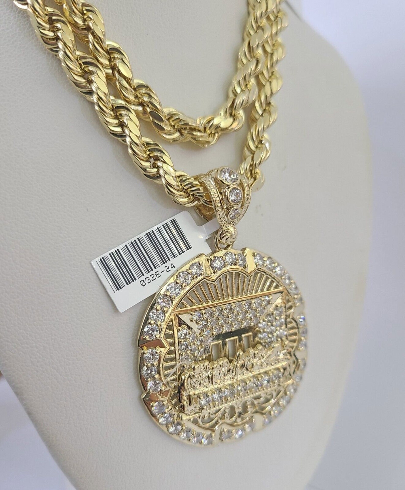 10k Yellow Gold Rope Chain Last Supper Charm Pendant 18-30'' Inch 7mm ...