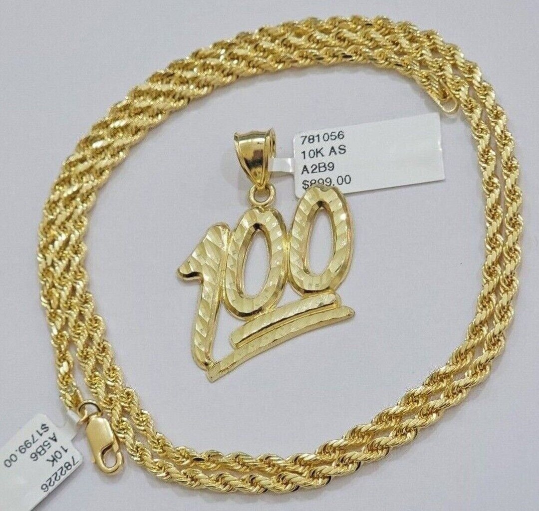 10k Yellow Gold Rope Chain 100 Charm Pendant Set 18"-28 Inch 3mm ...