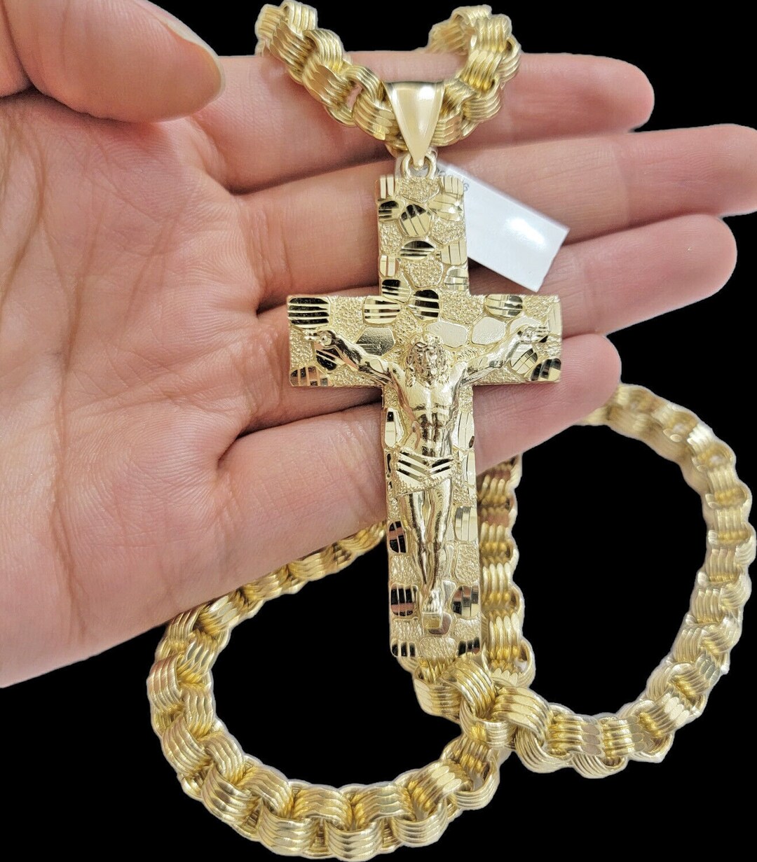 Real 10k Yellow Gold Byzantine Chain Nugget Cross Charm - Etsy
