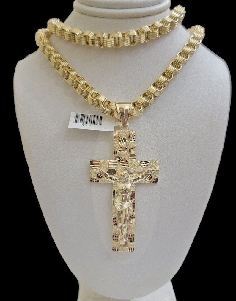 Real 10k Yellow Gold Byzantine Chain Nugget Cross Charm Pendant ...