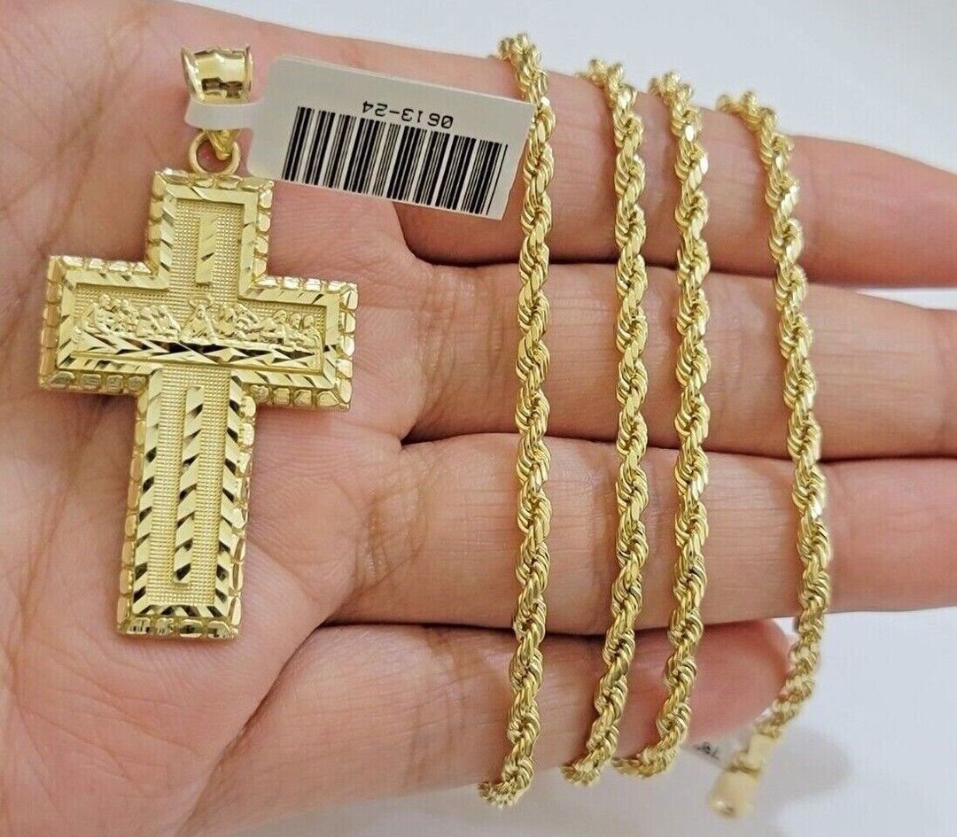 10k Yellow Gold Rope Chain Last Supper Cross Charm Pendant 18-28'' Inch ...