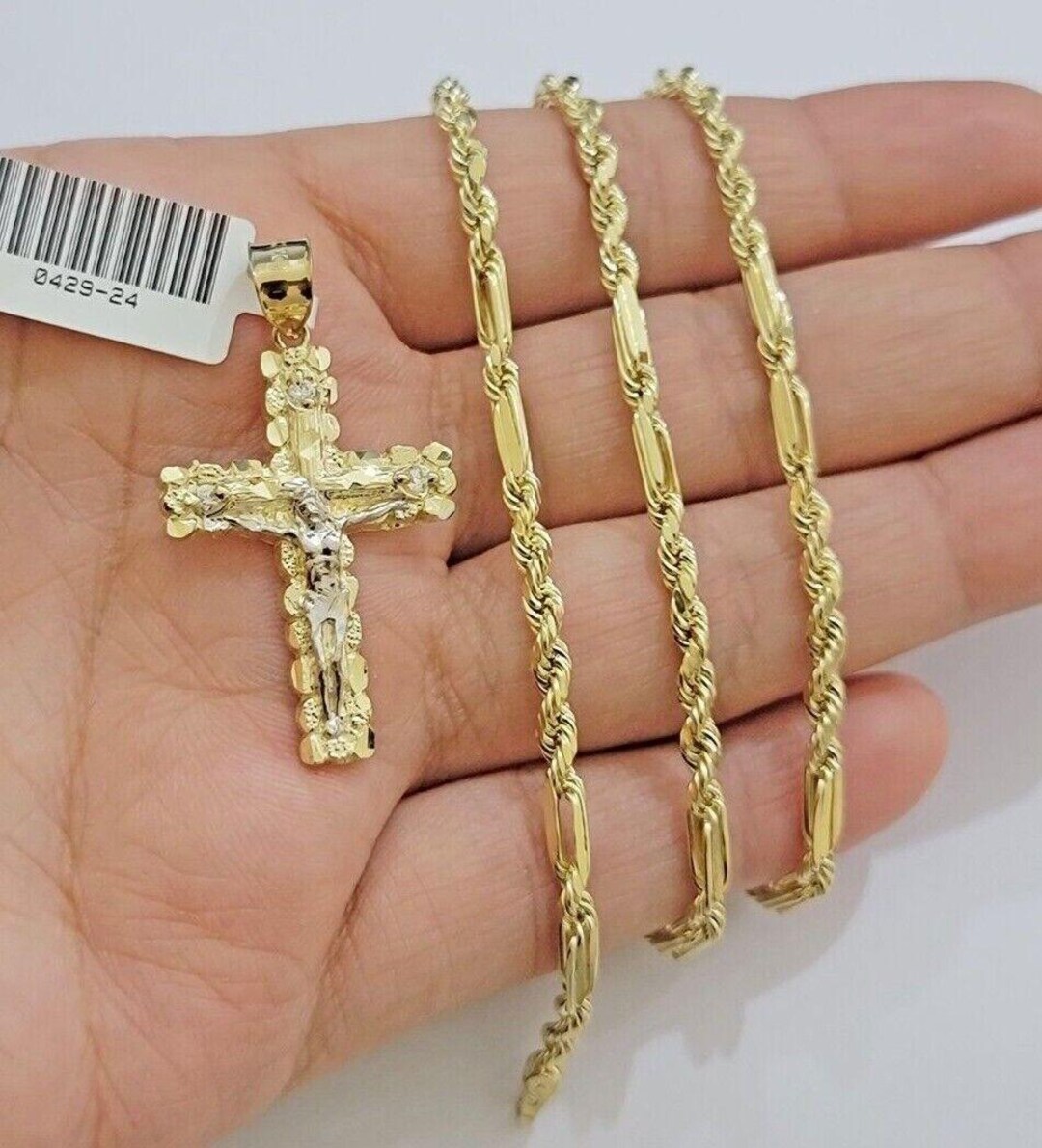 10k Gold Milano Rope Chain Cross Charm Pendant Set 18-24 Inch 3mm ...