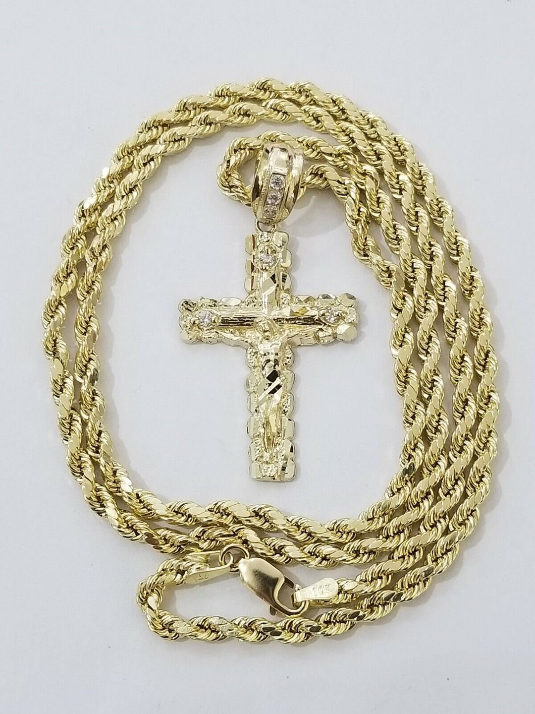 Real Solid 10k Gold Rope Chain Cross Charm 4mm Necklace & Pendant Set ...