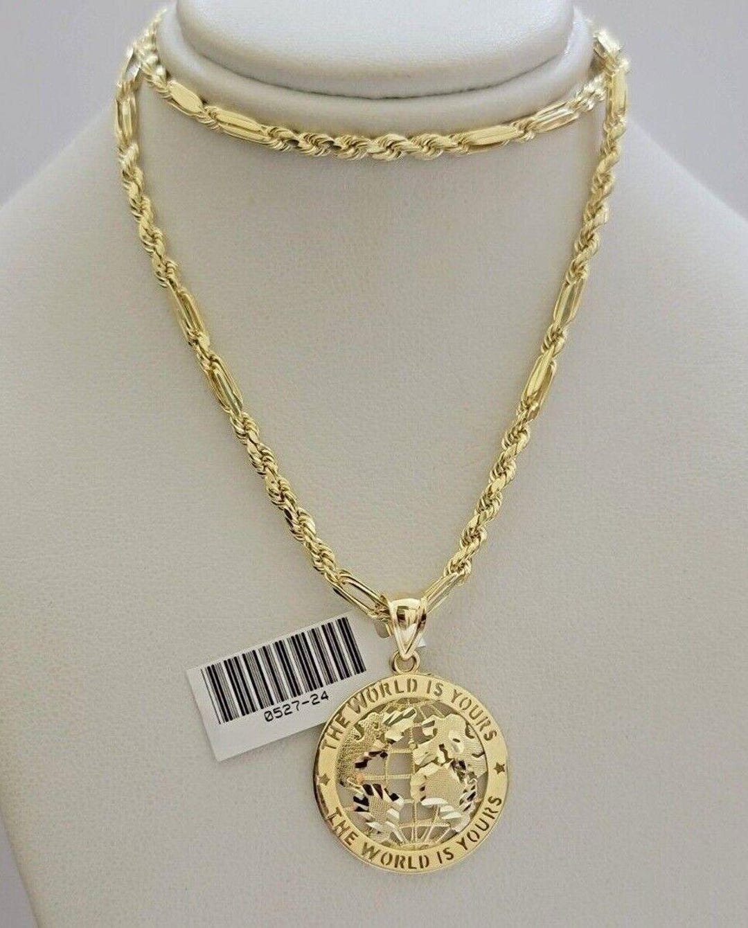 Real 10kt Gold Milano Rope Chain World Map Charm Pendant Set 18-24 Inch ...