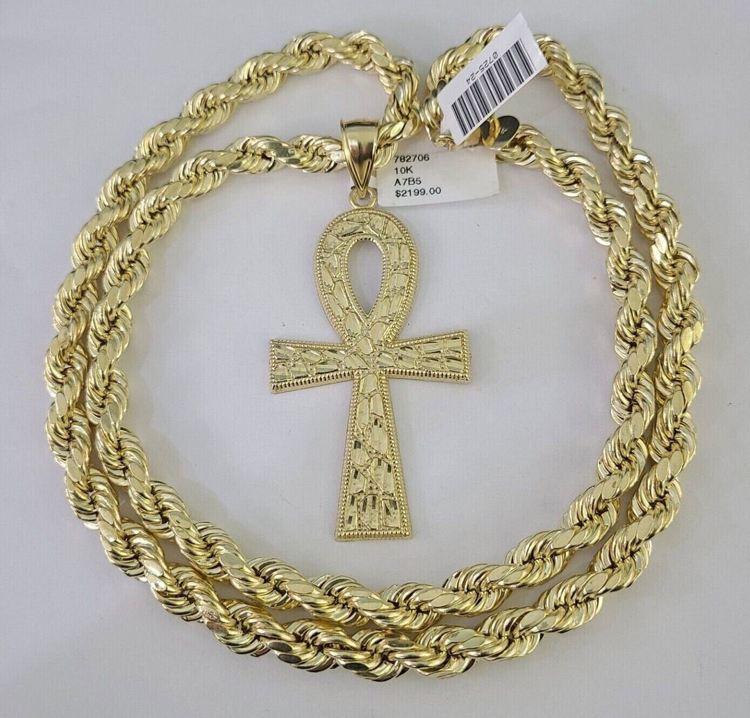 Real 10k Gold Rope Necklace Nugget Ankh Cross Pendant Set Chain 18-30 ...