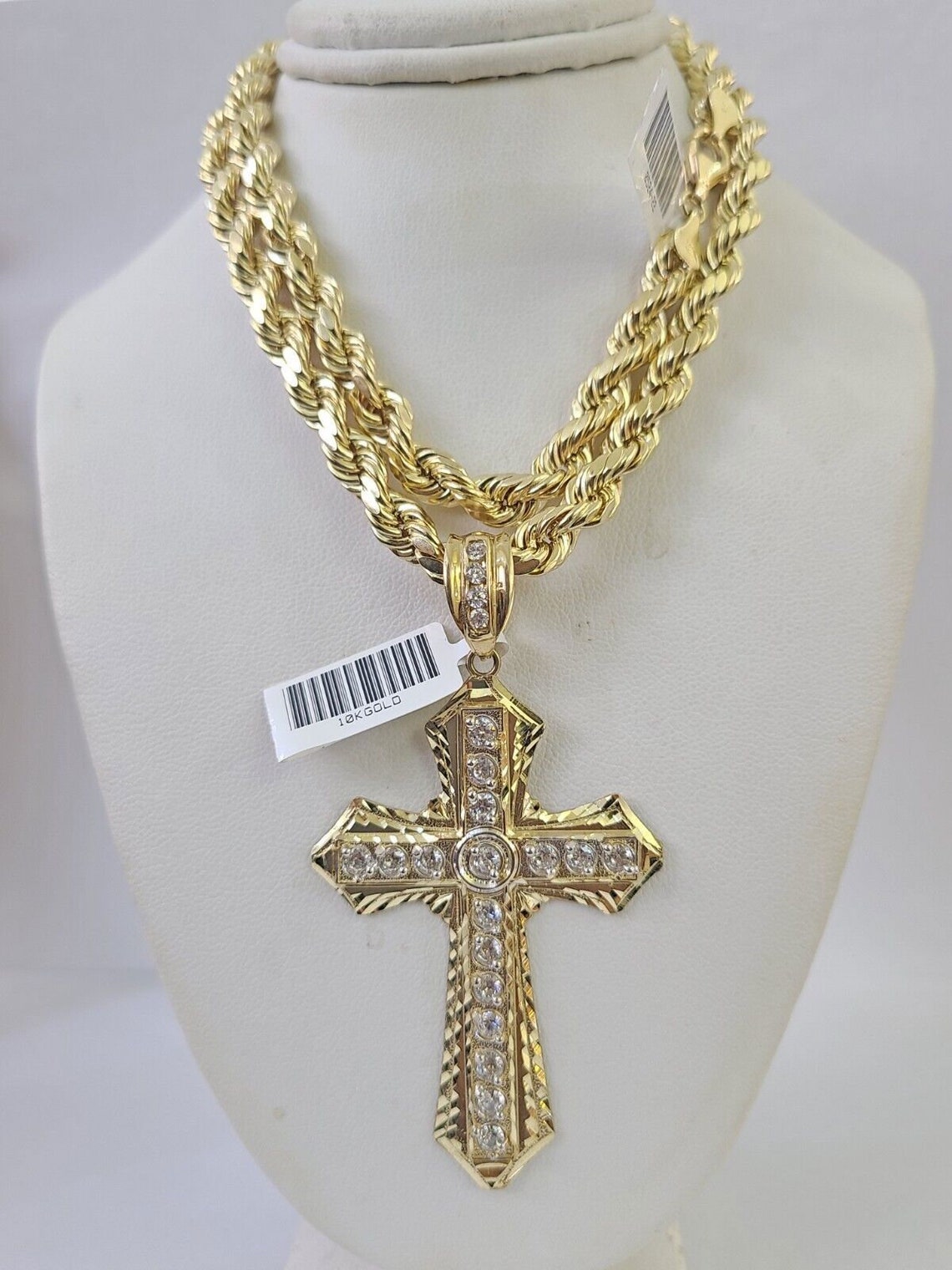 10k Yellow Gold Rope Chain Jesus Cross Charm Pendant 18-30'' Inch 7mm ...