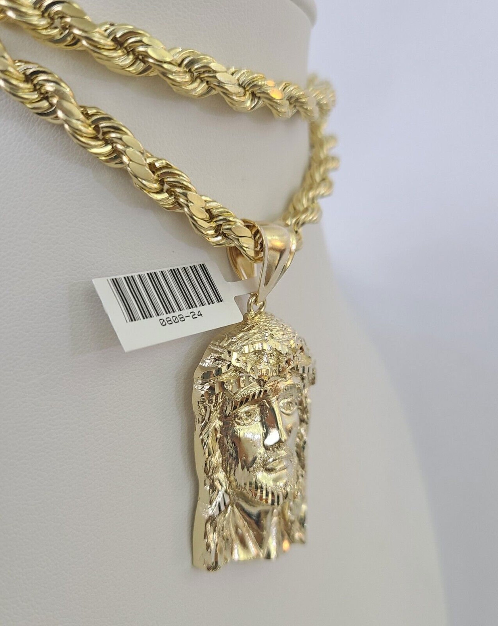 10k Yellow Gold Rope Chain Jesus Head Charm Pendant 18-30'' Inch 7mm ...