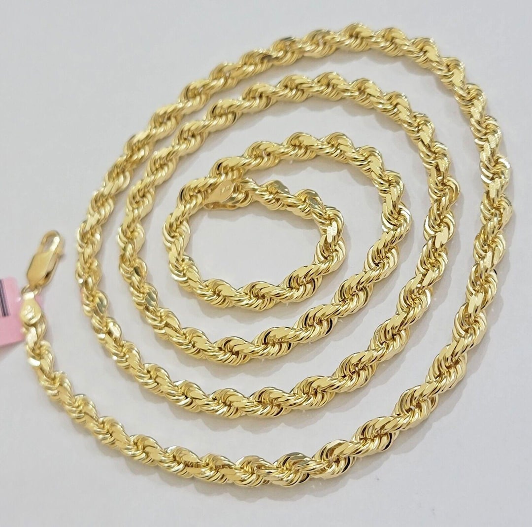 Real 14k Gold Necklace Rope Gold Chain 4mm 28 Inch Diamond Cut Solid ...