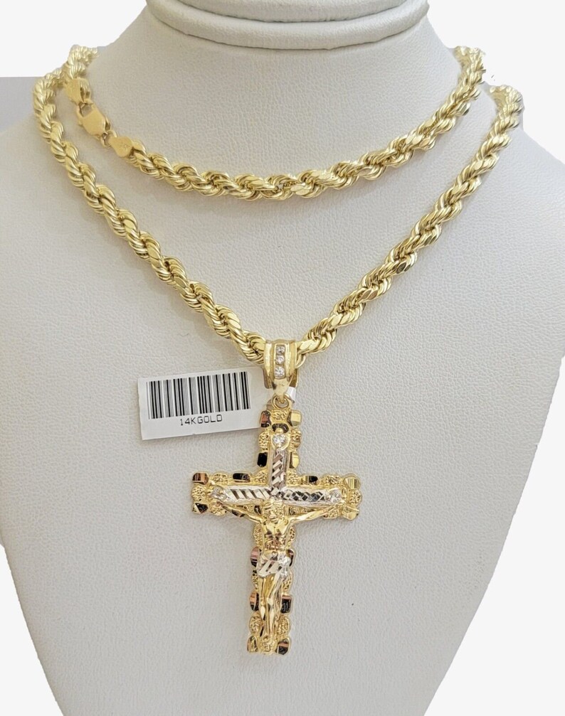 Rope Chain Cross Charm Pendant Set 14k Gold Necklace 20"-28" Inch 5mm ...