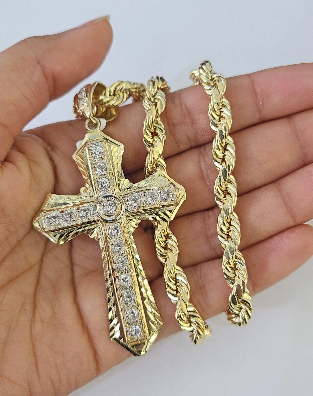 10k Yellow Gold Rope Chain Jesus Cross Charm Pendant 18-30'' Inch 7mm ...