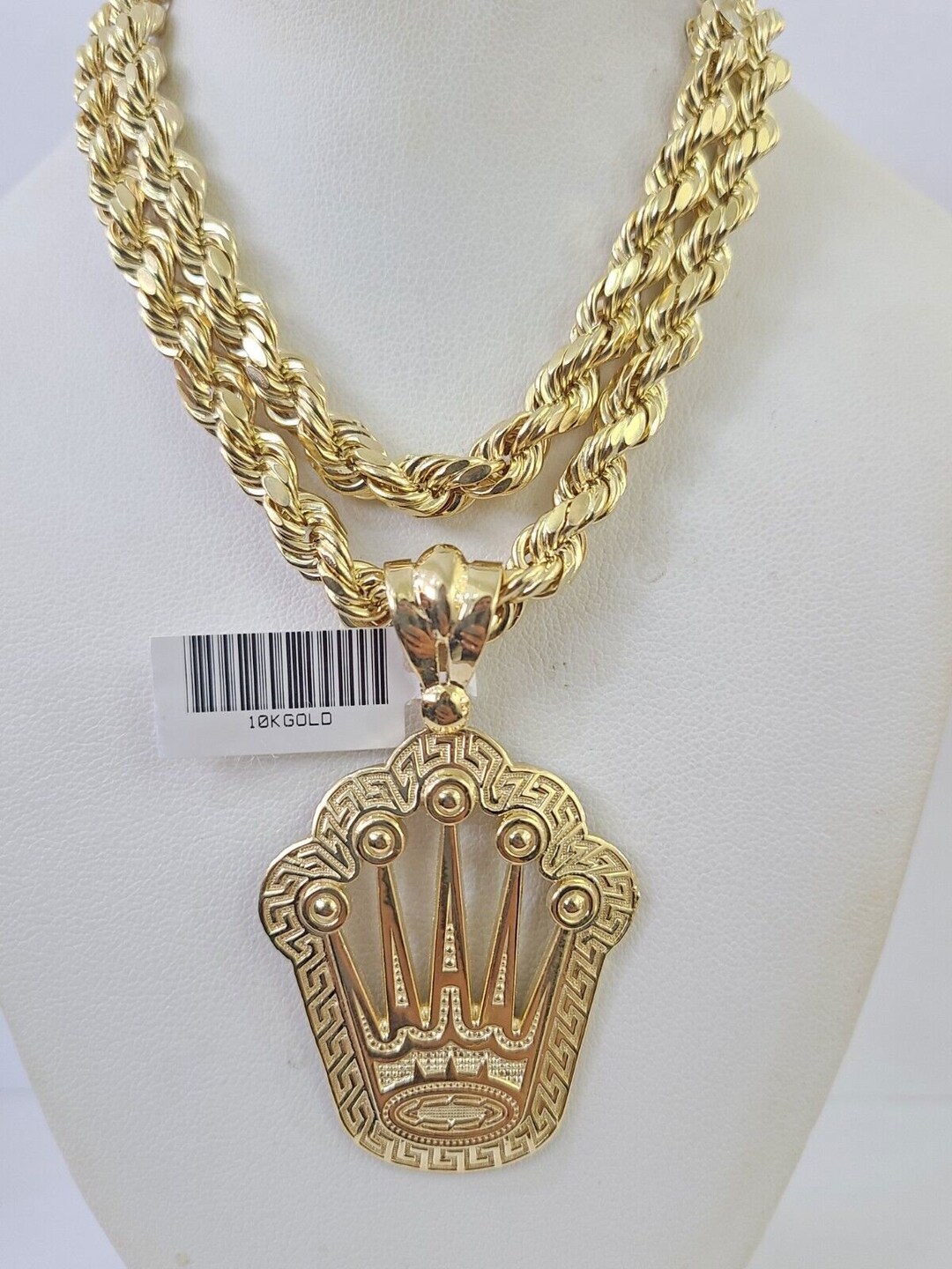10k Yellow Gold Rope Chain Crown Charm Pendant 18-30'' Inch 7mm ...