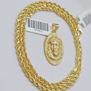 10k Gold Rope Chain Jesus Head Charm Pendant Set 18-28" Inch 3mm ...