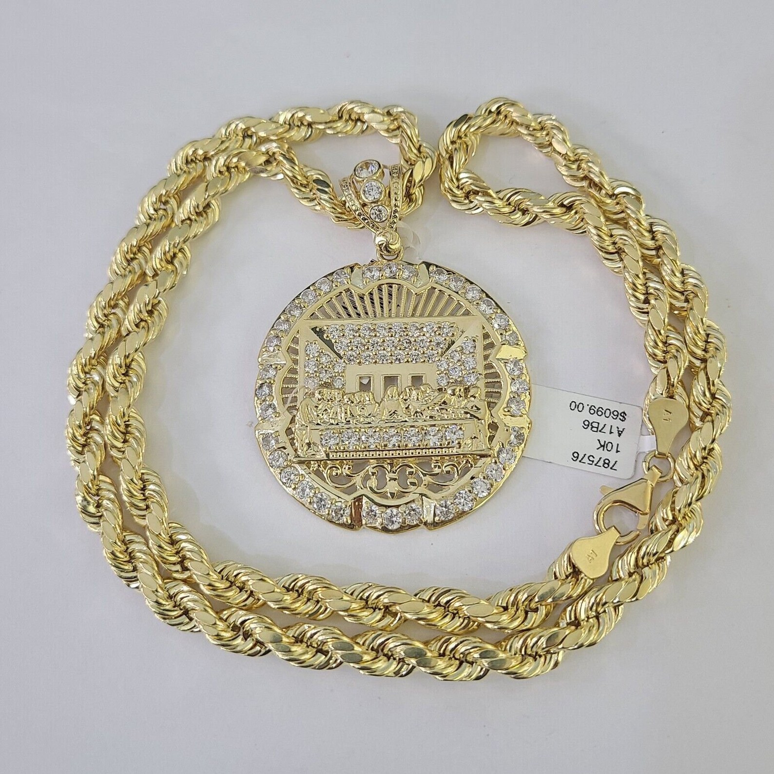 10k Yellow Gold Rope Chain Last Supper Charm Pendant 18-30'' Inch 7mm ...