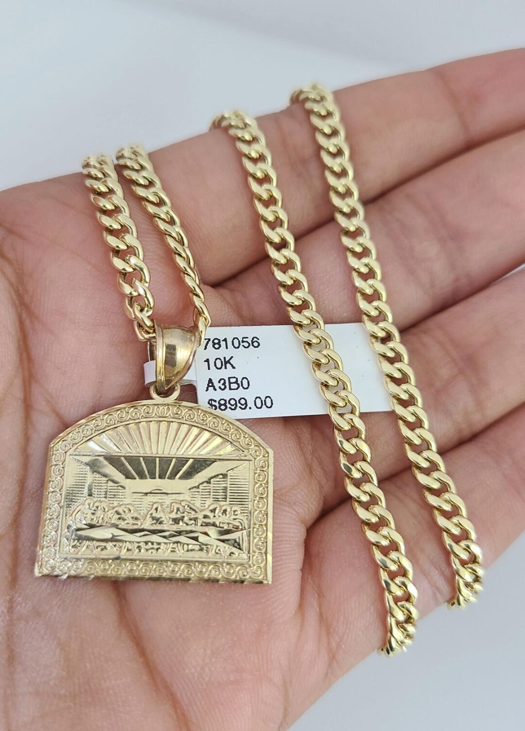 10k Gold Chain Last Supper Pendant Set Miami Cuban Necklace 4mm 18"-26 ...