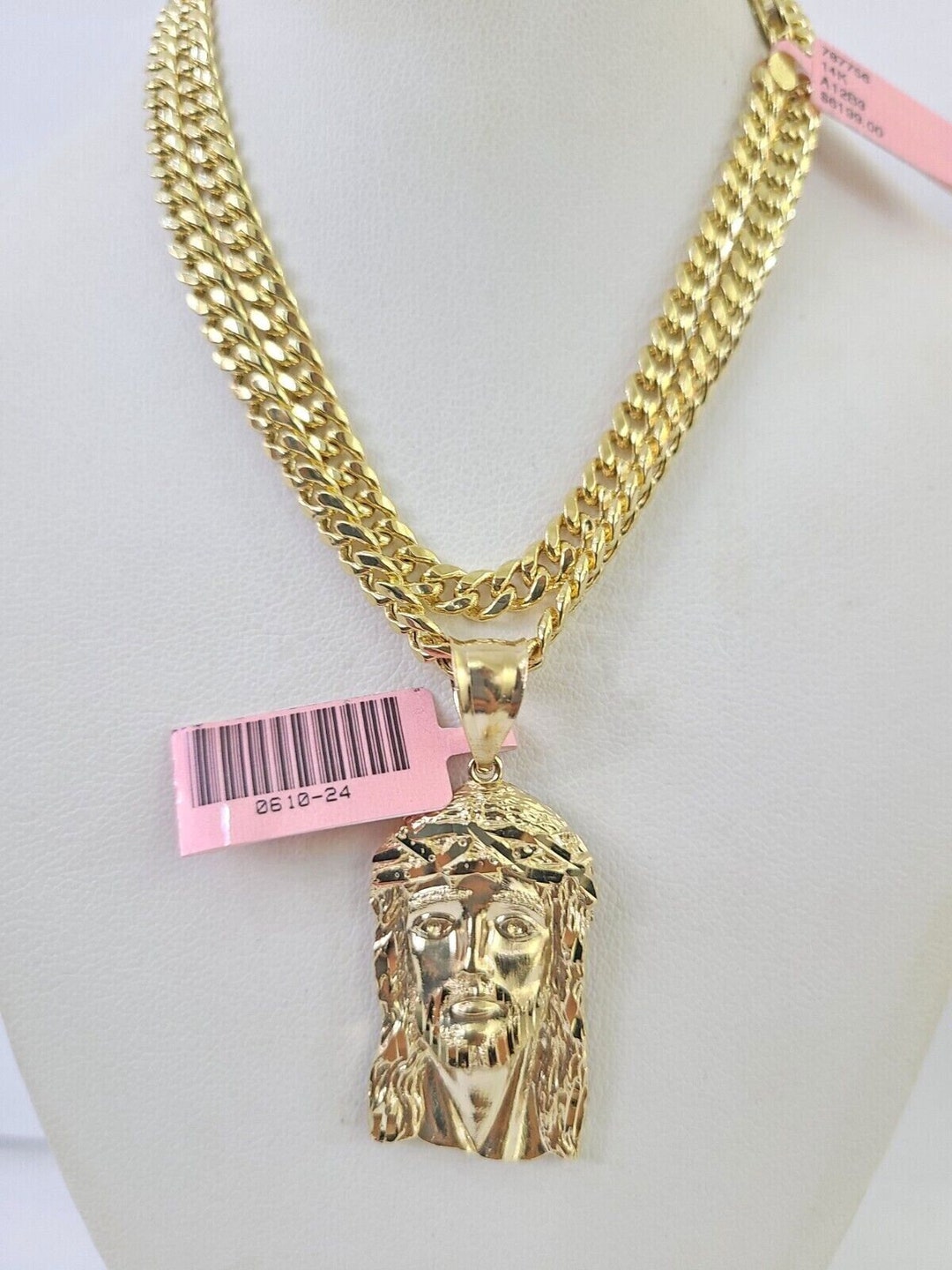 Real 14k Gold Chain Jesus Head Pendant Set 14kt Miami Cuban Link Chain ...