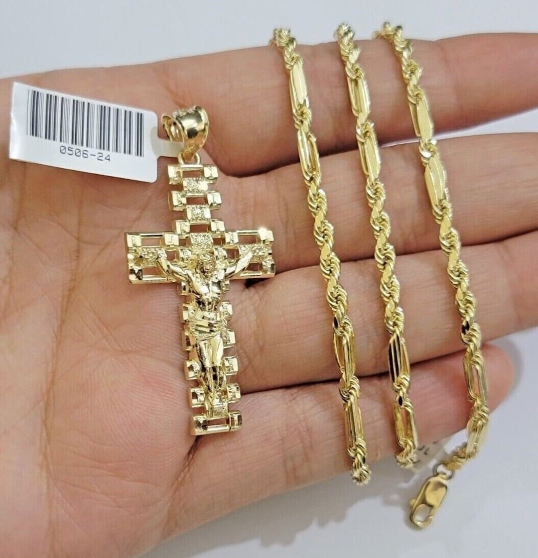 10k Gold Milano Rope Chain Jesus Cross Charm Pendant Set 18-24'' Inches ...