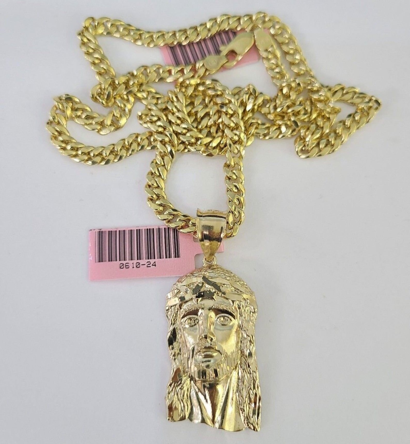 Real 14k Gold Chain Jesus Head Pendant Set 14kt Miami Cuban Link Chain ...