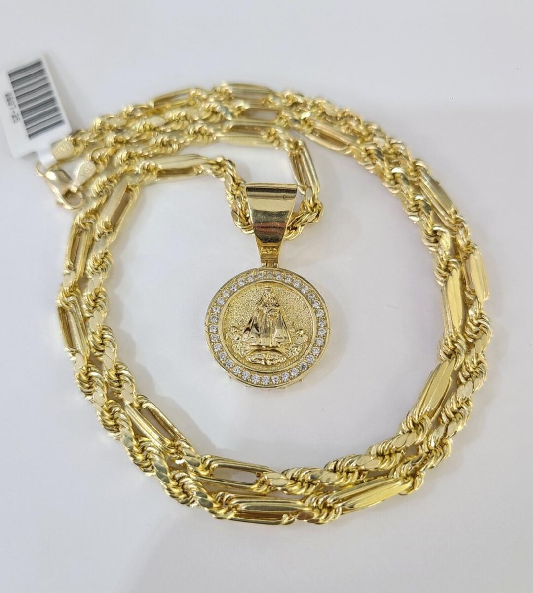 10k Gold Milano Rope Chain Virgin Mary Charm Necklace Set 3mm 18"-26 ...